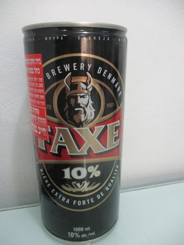 Faxe extra strong beer: 1000 ml empty can, bottom opened,import to ...