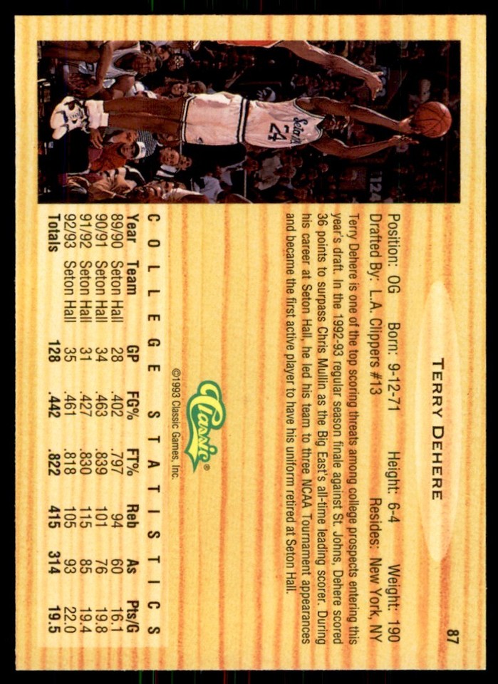 1993-94 Classic Draft Picks Terry Dehere #87 | eBay