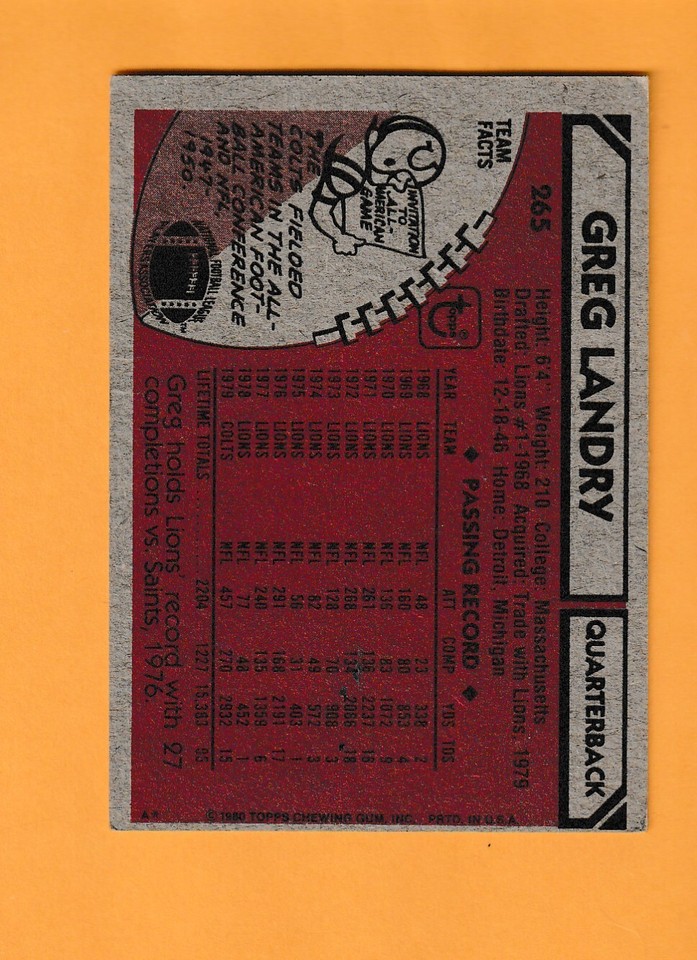 Greg Landry Baltimore Colts AUTO Signed 1980 Topps Nashua New Hampshire ...