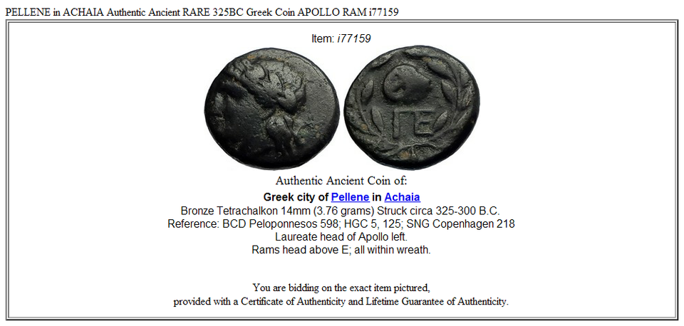 PELLENE in ACHAIA Authentic Ancient RARE 325BC Greek Coin APOLLO RAM ...