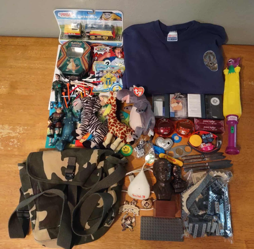 Huge Junk Drawer Lot LAPD Sweatshirt LEGO Knifes BSA Toys TY Beanie ...