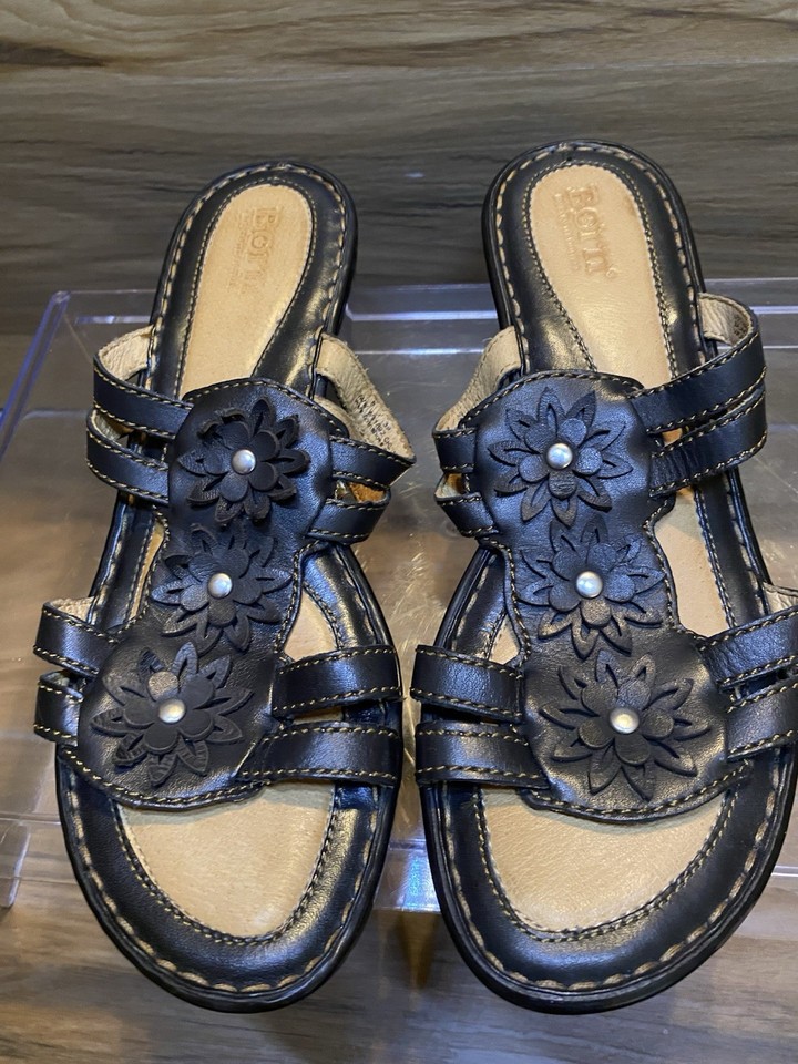 Born Women's Sandal Slides Size 8 Wedge Heel Brown Leather Floral ...