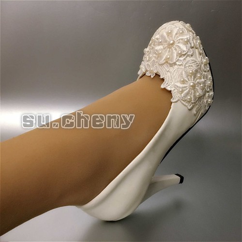 Su.cheny Blanc Dentelle Perles Plats Bas Talon Haut Mariage Chaussures ...