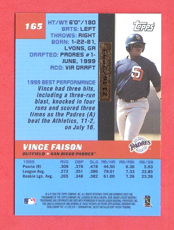 2000 BOWMAN'S BEST (BB) Vince Faison SP HOLOFOIL RC CHASE CARD #165 #d ...