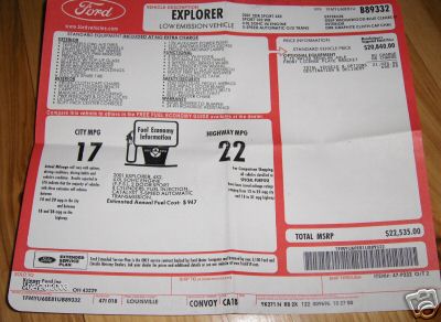 2001 Ford Explorer Window Sticker