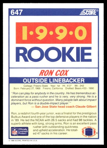 1990 Score Ron Cox RC Chicago Bears #647 | eBay