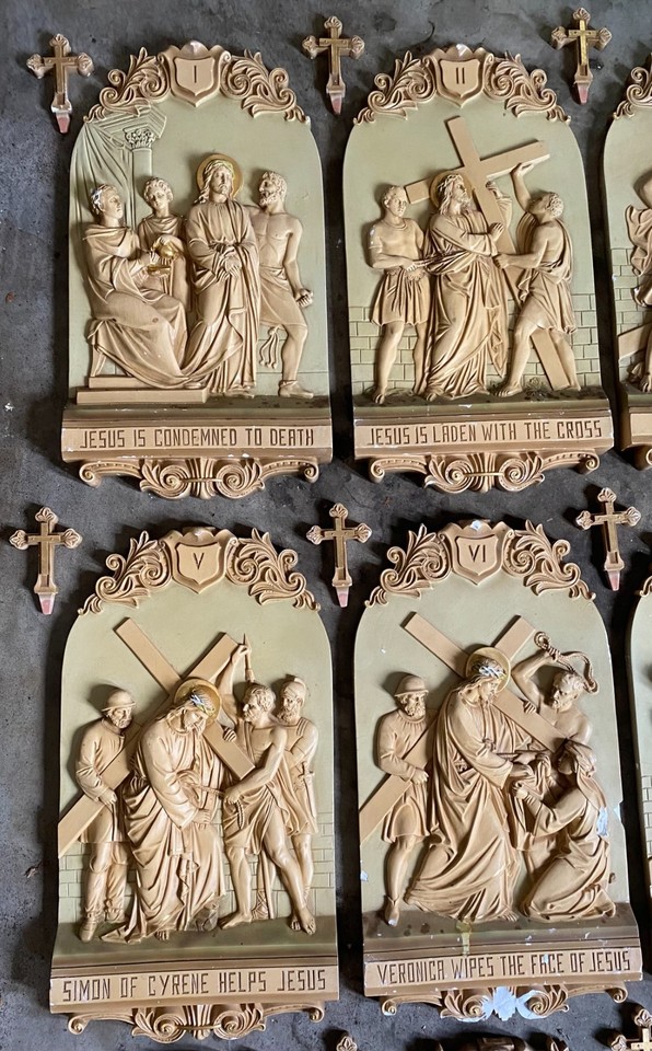 OLD CATHOLIC CHURCH ALTAR 14 PC PLASTER STATIONS OF THE CROSS SET ...