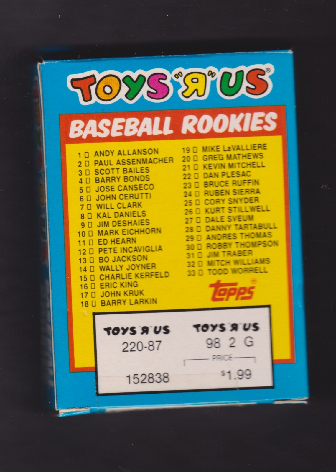 1987 Topps Toys R Us Baseball Rookies Complete Set of 33 Cards NMMT ...