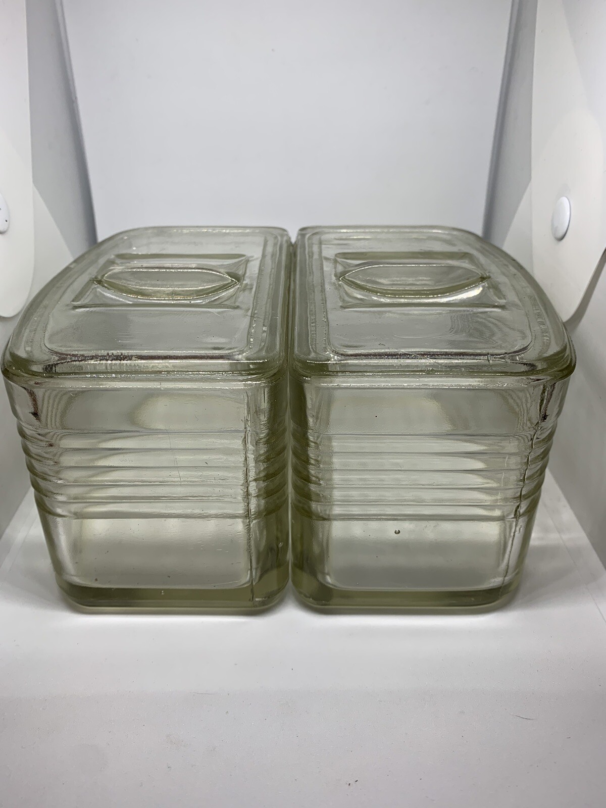 Vtg Ribbed Clear Glass Boxes w Inset Lid Knobs, Bubbles 4x5, One Curved ...