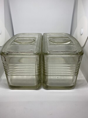 Vtg Ribbed Clear Glass Boxes w Inset Lid Knobs, Bubbles 4x5, One Curved ...