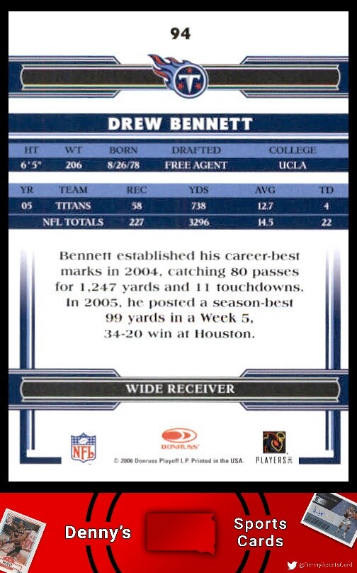 2006 Donruss Threads #94 Drew Bennett Tennessee Titans Football Card | eBay