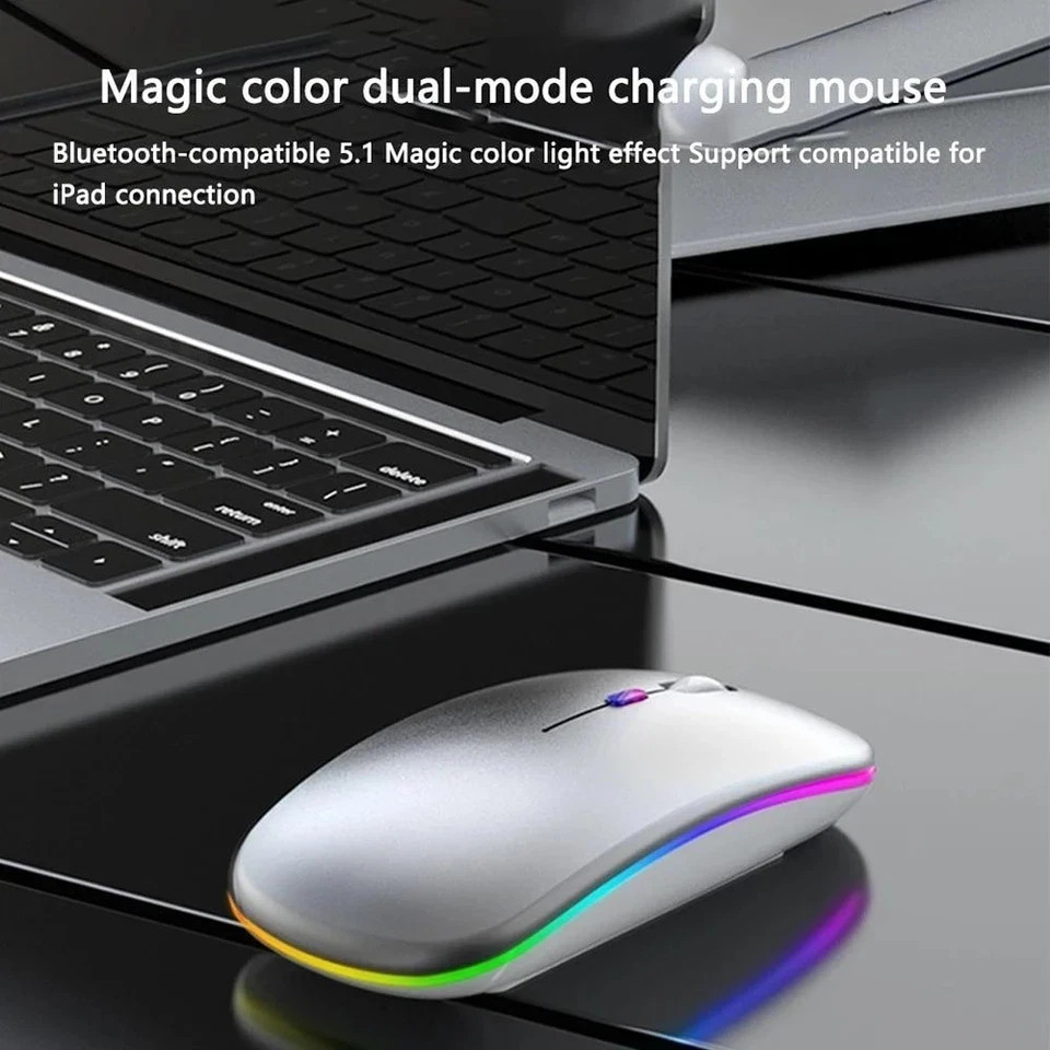 RGB LED Wireless Mouse Rechargeable Optical Silent Mice USB For PC ...