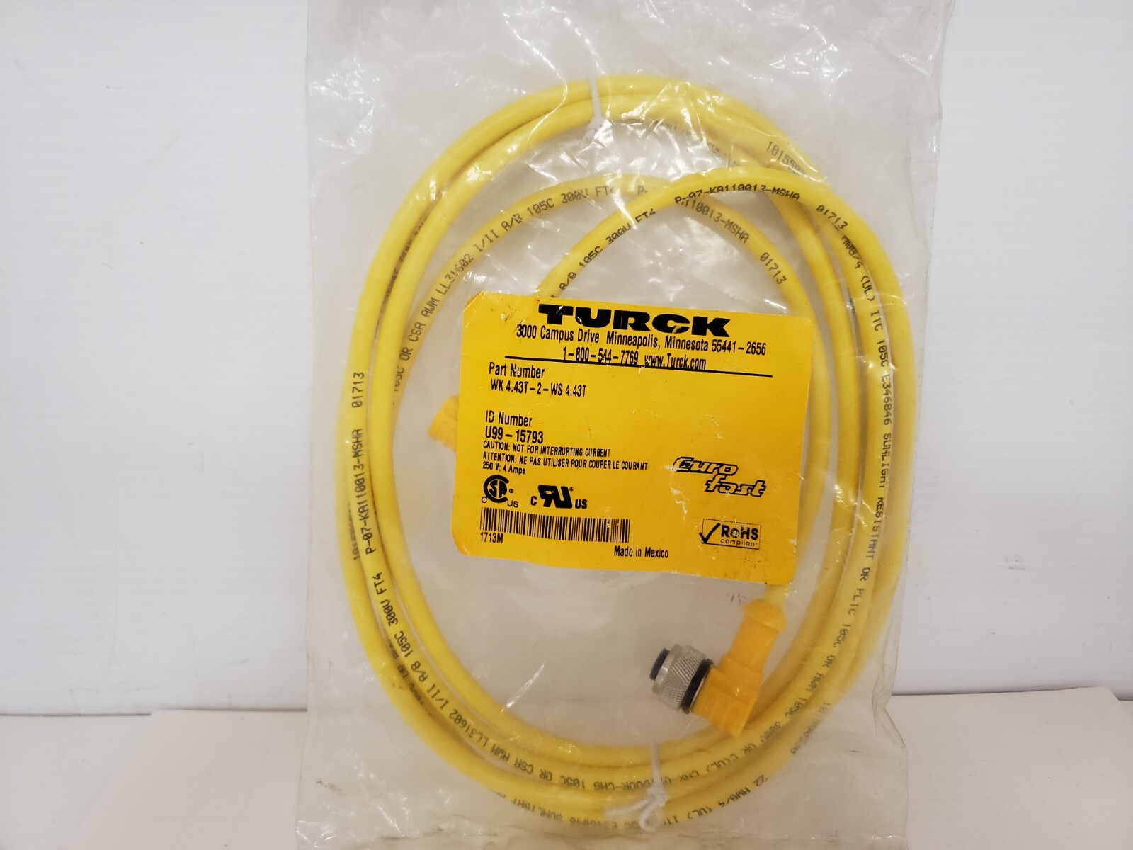 TURCK WK 4.43T-2-WS-4.43T CORDSET DOUBLE ENDED M12 EUROFAST (U99-15793 ...