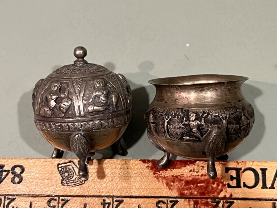 Antique Colonial Anglo Indian silver open salt and pepper pot Hindu god ...