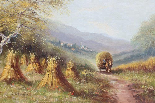 Siem Schaeffer European village landscape w hay shocks, oil painting 48 ...