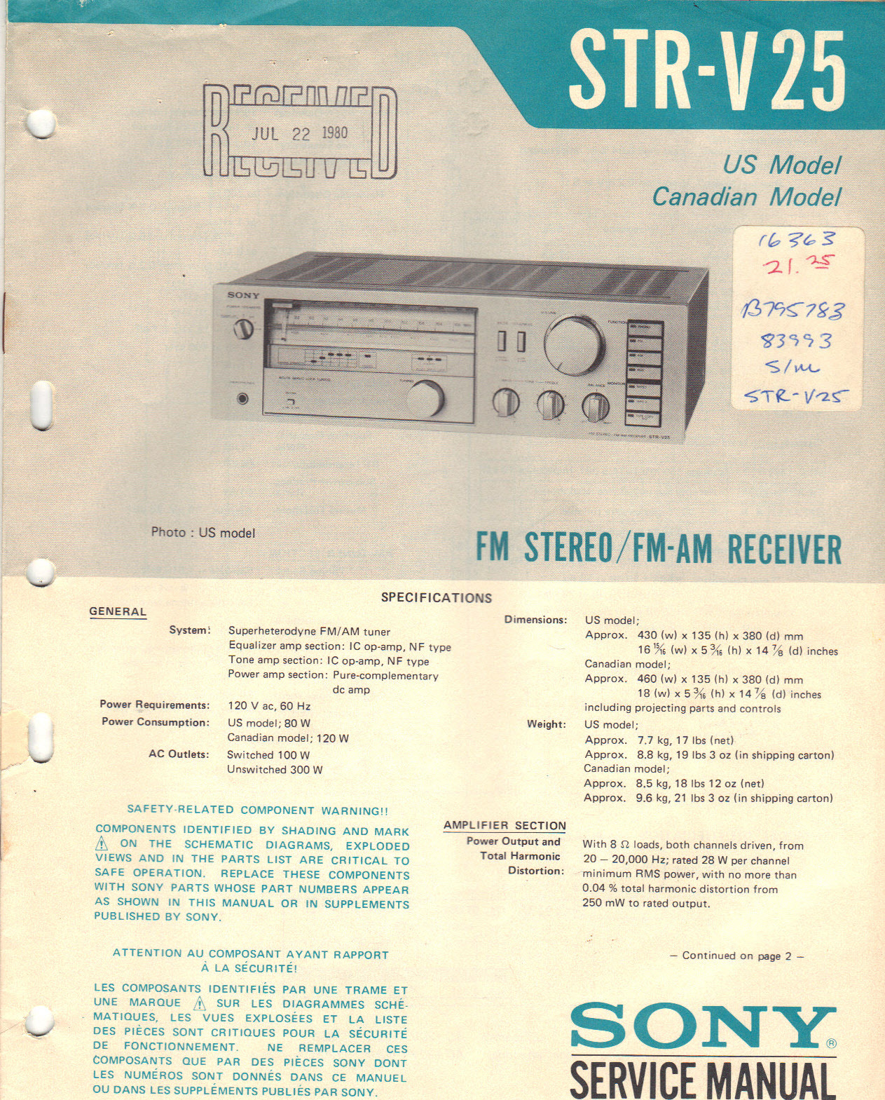 SONY STR-V25 Service Manual stereo tuner receiver original factory ...