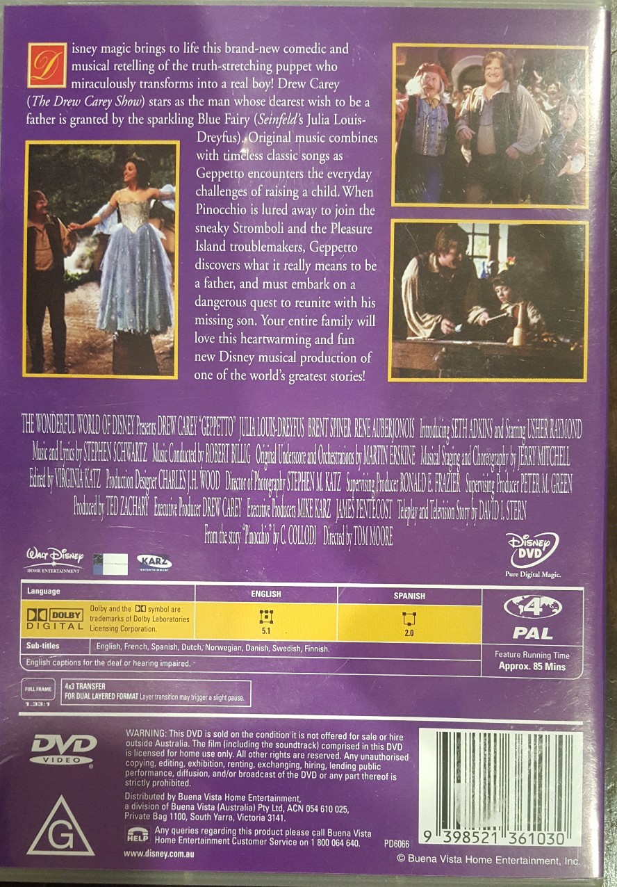 GEPPETTO RARE DELETED DVD WALT DISNEY DREW CAREY MOVIE PINOCCHIO ...