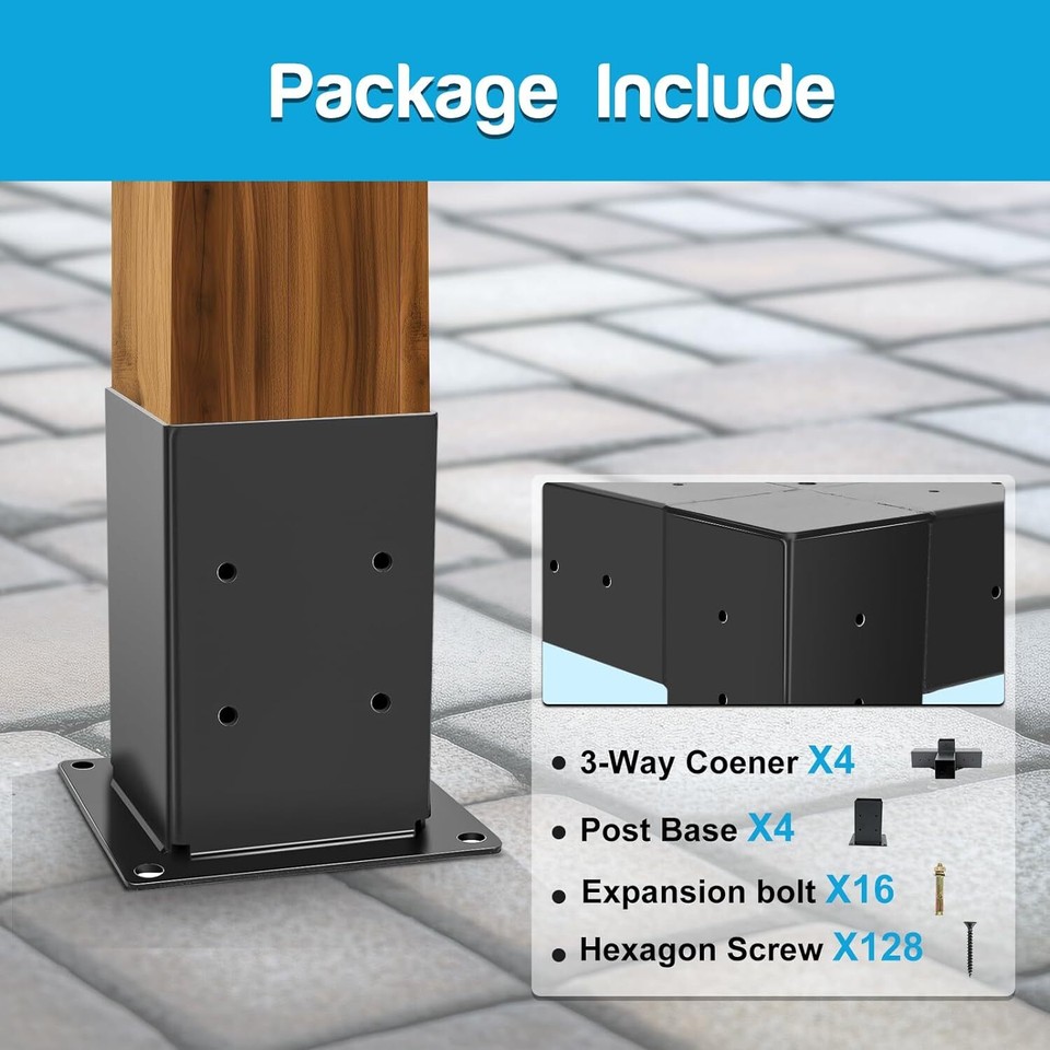4 Pack Pergola Brackets Kit 3-Way Corner Bracket/Gazebo Kit Post Base ...