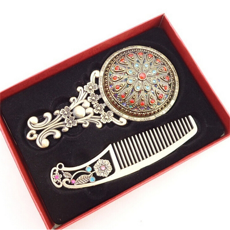 2PCS Bronze Handheld Mirrors Hollow Cosmetic Compact Mirror Comb Set ...