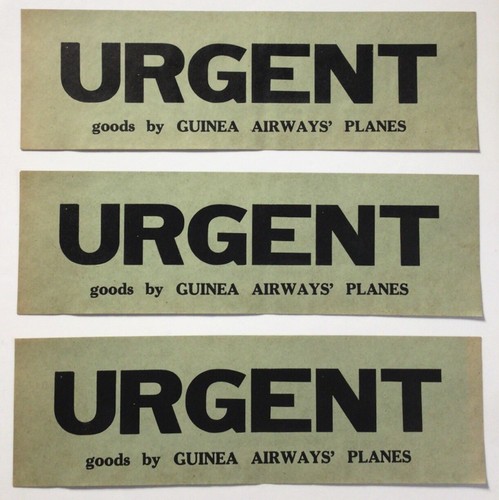 Guinea Airways “URGENT” Three Airline Luggage/Goods Paper Cargo Labels ...