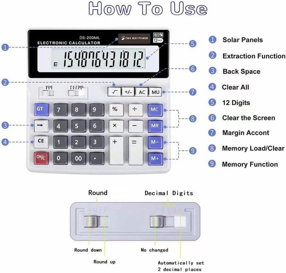 Desk Calculator Large 12 Digit Display, Dual Power Basic Calculator ...