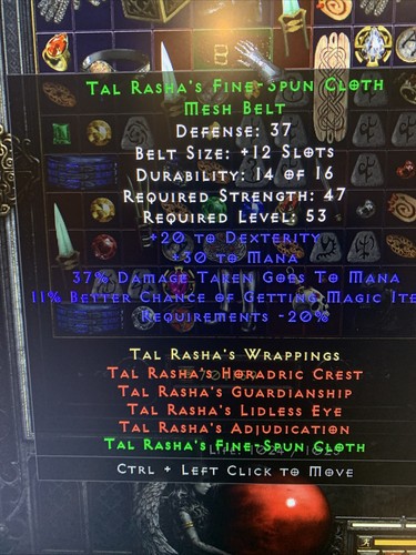 DIABLO 2 D2R: Tal Rasha's Fine Spun Cloth Mesh Belt PC Mf 10-15% | eBay