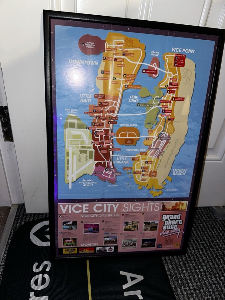 Genuine Rockstar Grand Theft Auto Vice City PS2 Map Framed Print Wall ...