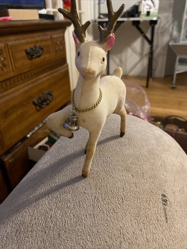Vintage pink flocked plastic reindeer deer Christmas bell chain 6.5 ...