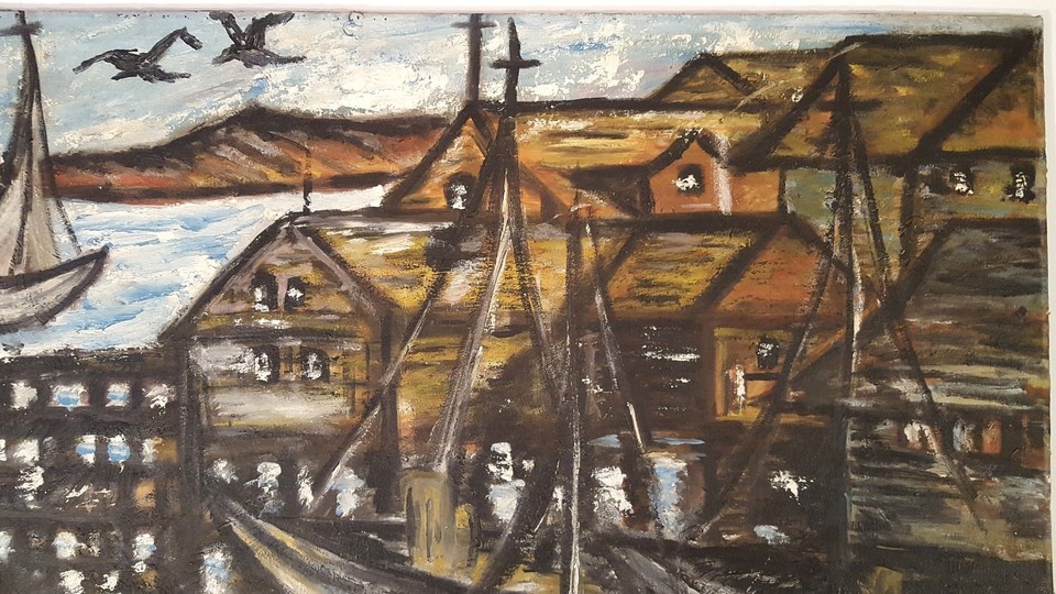 BOAT HARBOR EXPRESSIONIST LANDSCAPE VINTAGE LARGE OIL PAINTING 22x30 ...