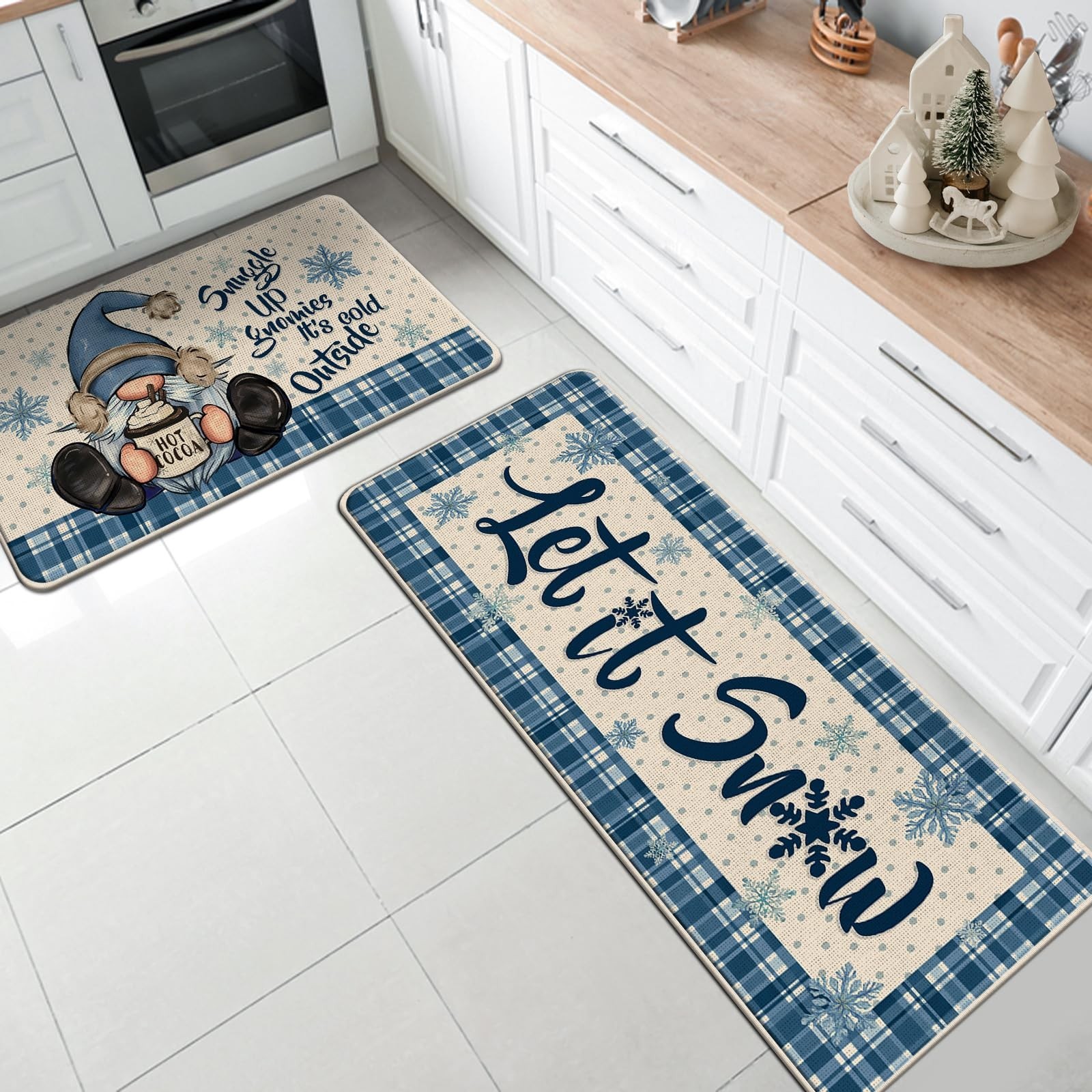 Winter Gnome Let It Snow Kitchen Rugs Set of 2, Blue Plaid Polka Dot ...