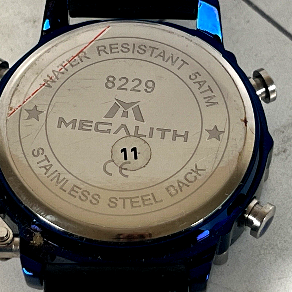 MEGALITH Genuine Leather Black Blue Military Stainless Steel Watch ...
