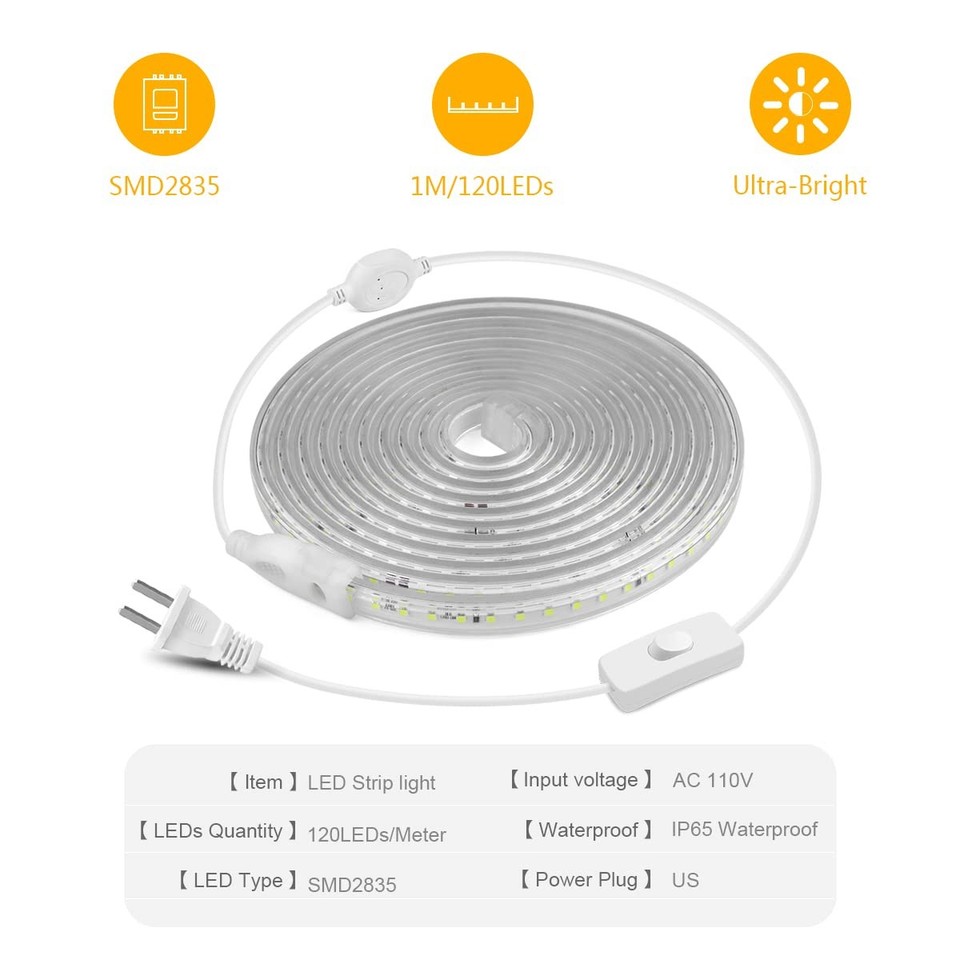 Super Bright Outdoor LED Strip Lights, AC 110V 6500K Flexible LED Rope ...
