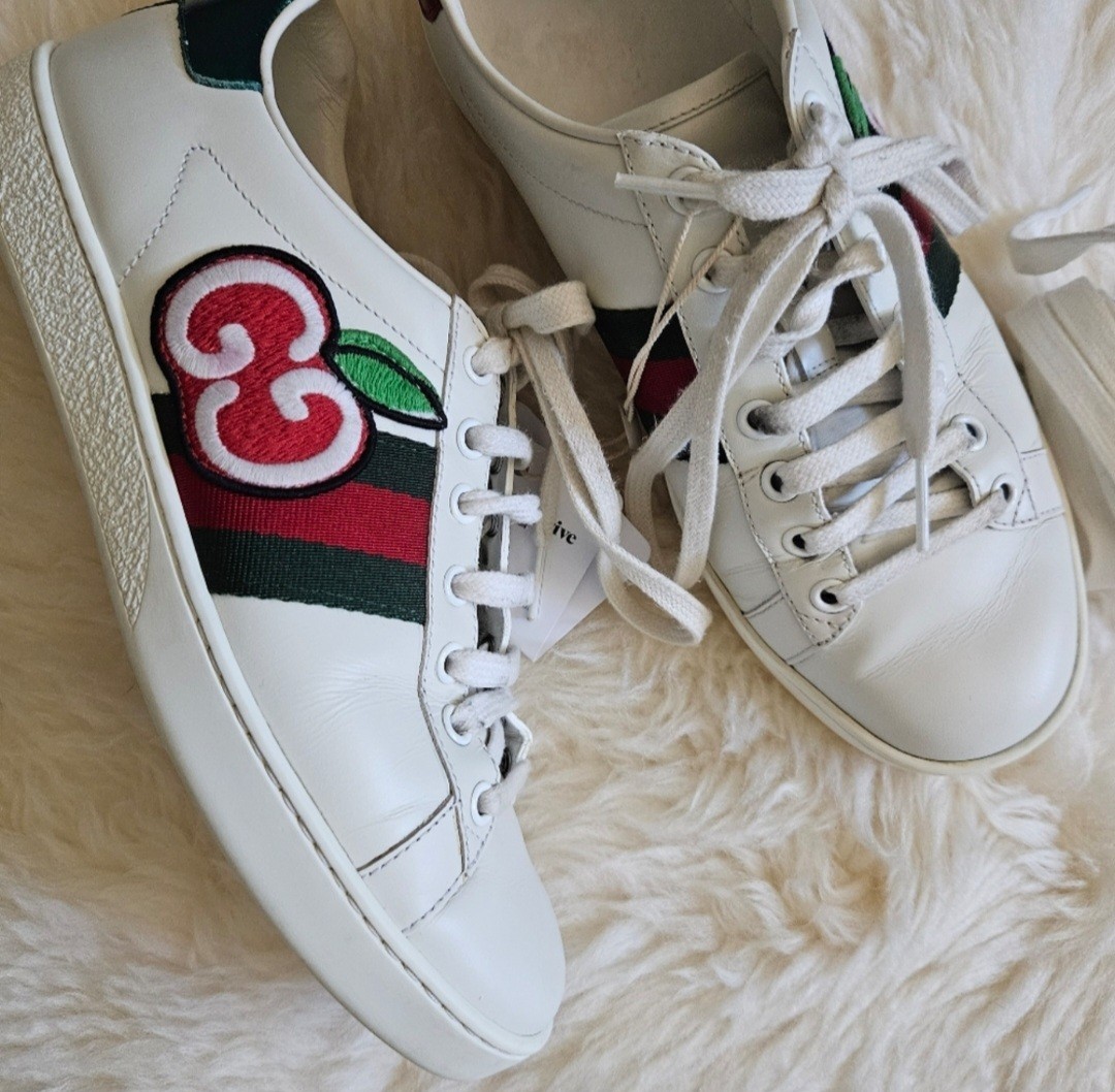 Gucci White Leather ACE GG CHERRY Sneakers Size 37.5 - Gem