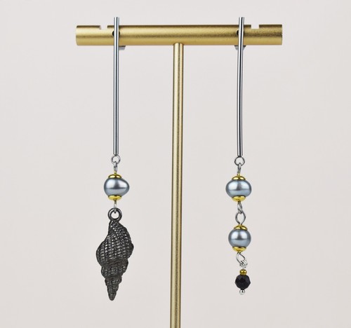 Auger seashell drop earrings, accent gray pearl mismatched earrings ...