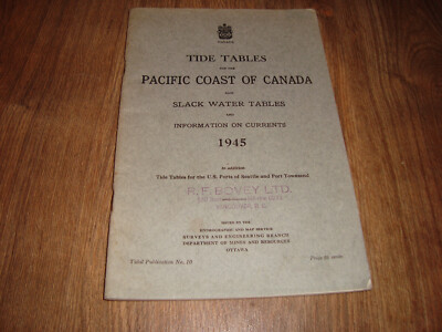 Tide Tables Pacific Coast Of Canada Slack Water Tables 1945 Booklet | eBay