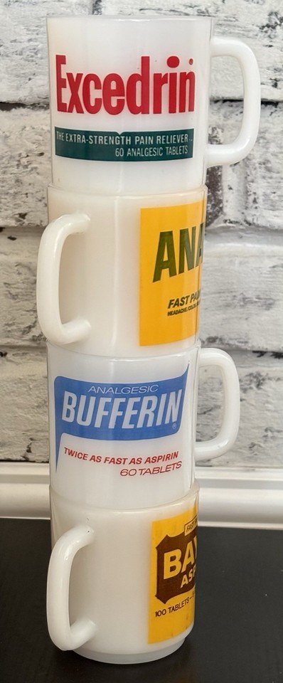 Lot of 4 Vintage Stackable Milk-glass Pain Killer Advertising Coffee ...