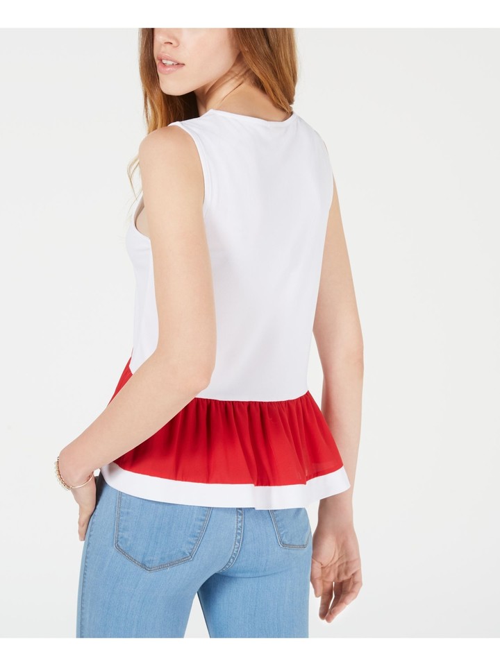 MAISON JULES Womens White Ruffled Color Block Sleeveless Jewel Neck ...