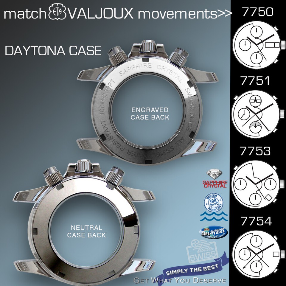 WATCH CASE DAYTONA,TACHYMETER, ETA VALJOUX 7750,7751, 7753,7754 ST ...