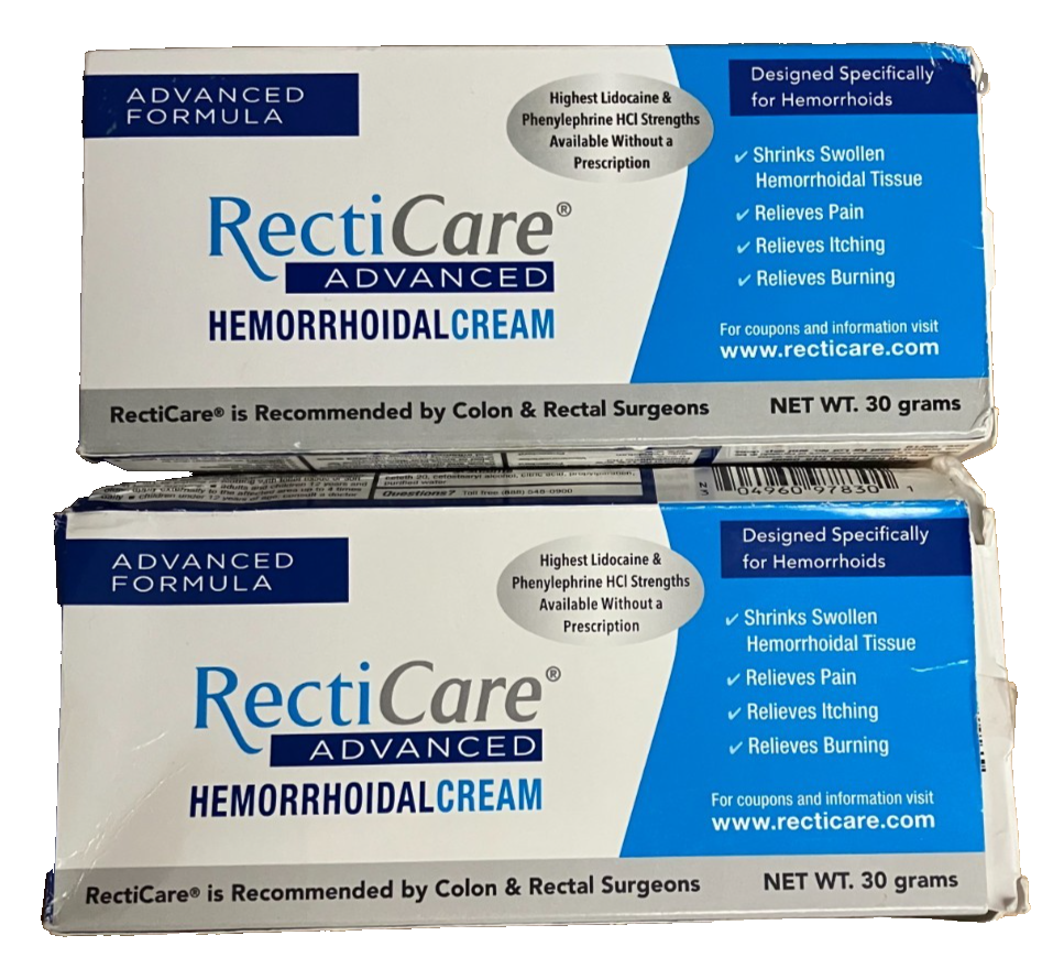 2 Boxes RectiCare Adv Formula Hemorrhoidal Cream 30 Grams per tube, 12/ ...