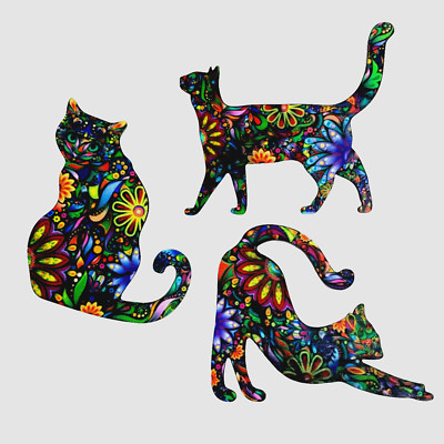 Set 3 Flower Power Cat Brooch Pins Colorful Kitties Sitting Standing ...