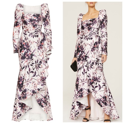 Badgley Mischka Floral Flounce Hem Ruffle Gown Maxi Dress Eggplant ...