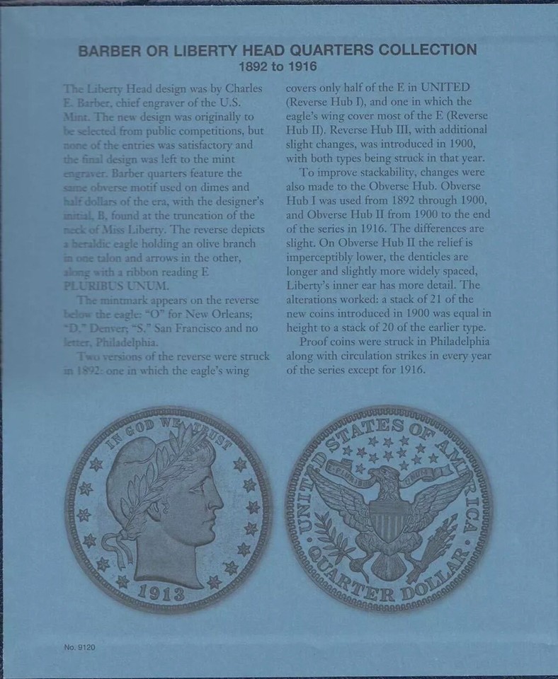 US Barber Liberty Head Quarters 1892-1916 Coin Album Whitman 9120 New ...