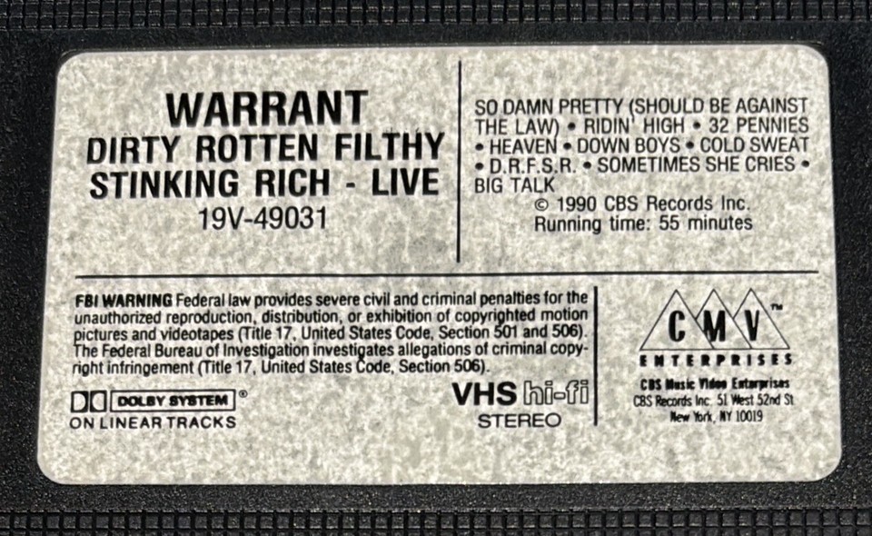 Vintage Warrant Dirty Rotten Filthy Stinking Rich Live 1990 CBS VHS VCR ...