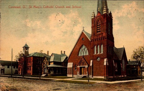 RARE LEIGHTON POSTCARD-ST. MARY'S CATHOLIC CHURCH & SCHOOL,CONNEAUT, OH ...