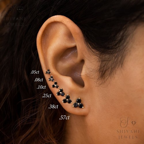 14k Gold Round Natural Black Diamond 3 Stone Trio Triangle Cluster Stud ...