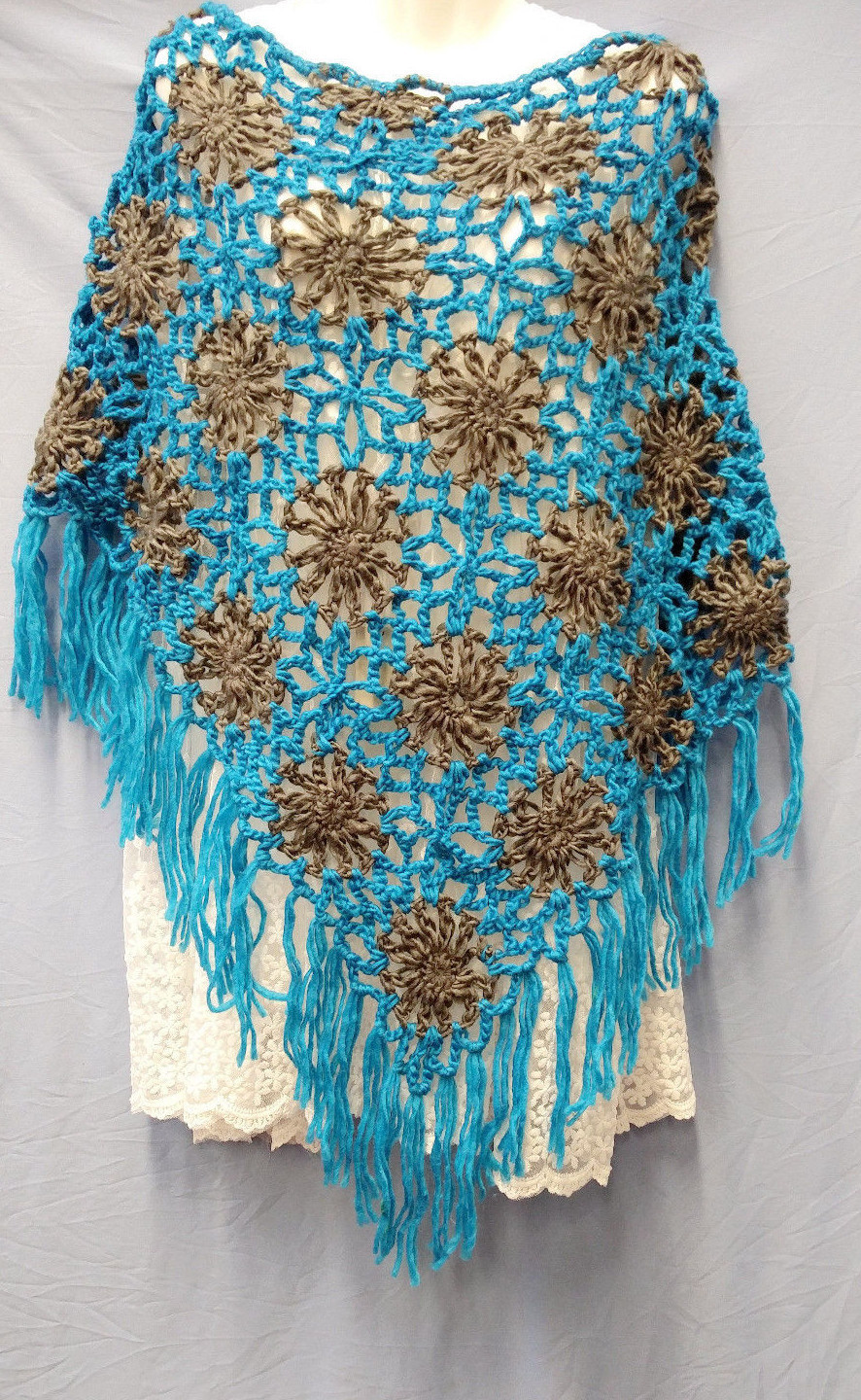 Premium Turquoise Blue Crochet Bat Wing Poncho Gray Floral Knitting ...