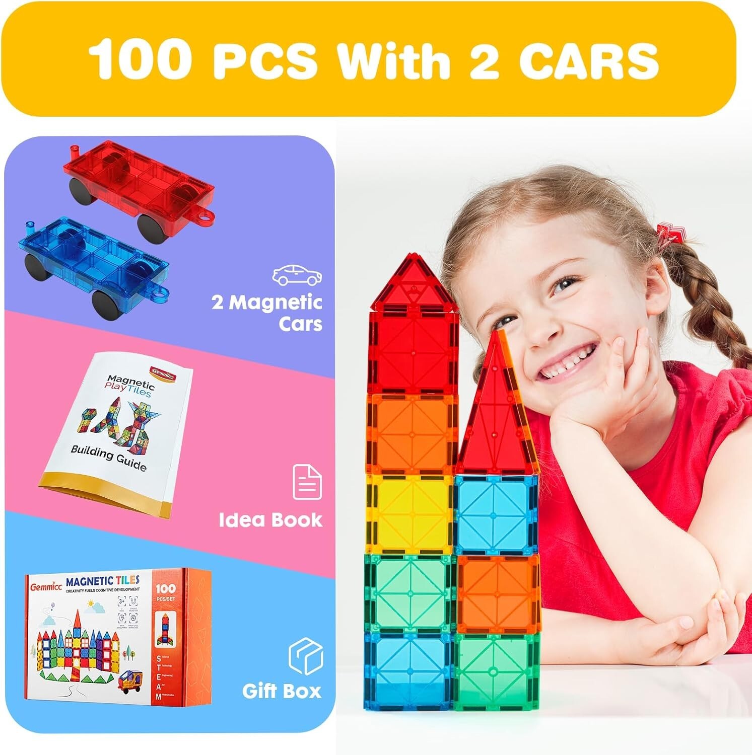 Magnetic Tiles 100 PCS with 2 Cars, STEM Approved Educational Magnet ...
