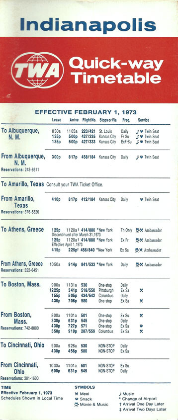 TWA Trans World Airlines Indianapolis timetable 2/1/73 [1023] Buy 4 ...