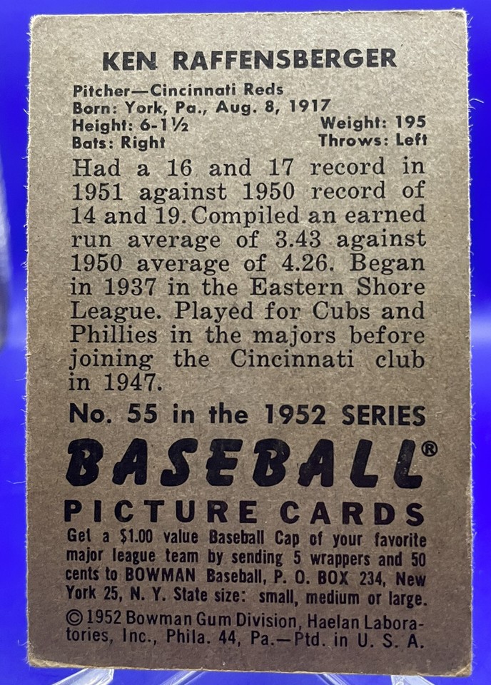 1952 Bowman #55 Ken Raffensberger Vintage Baseball Card MLB Cincinnati ...