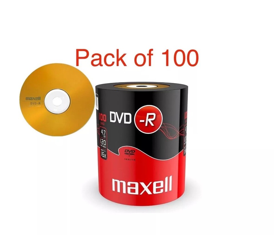 100 x GENUINE Maxell DVD-R 16x 4.7GB Blank DVD Media Discs Shrinkwrap ...